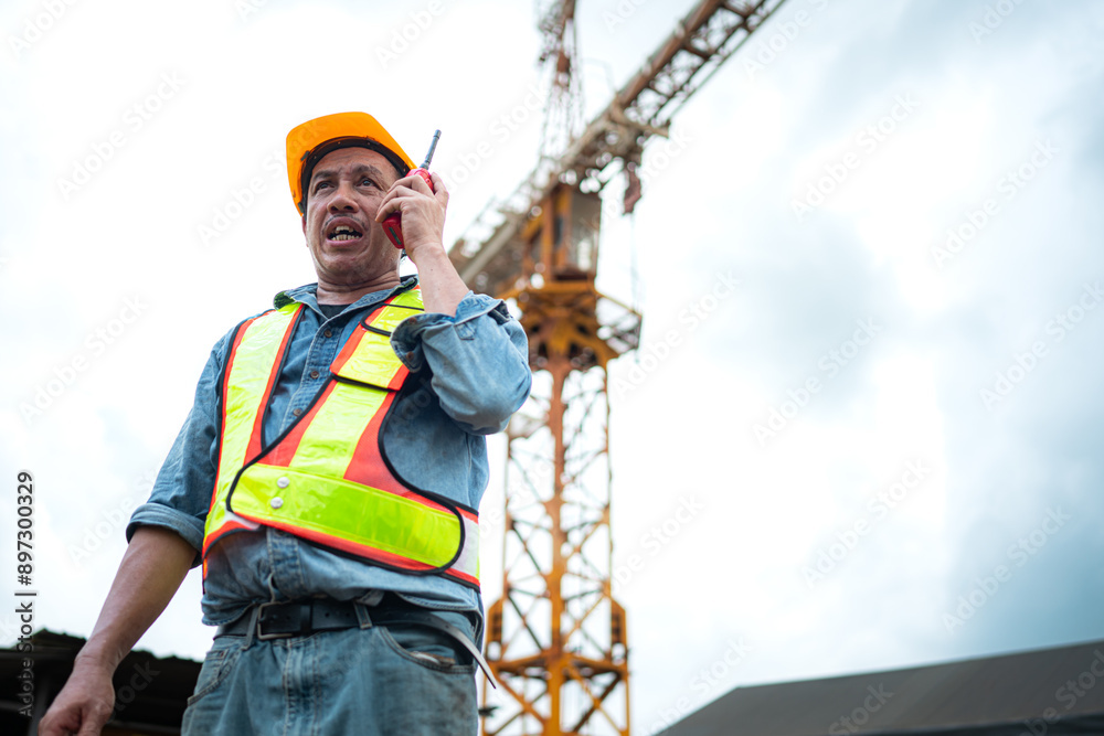 Portrait of crane worker uses walkie-talkie communicate with tower ...