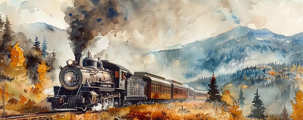 A watercolor painting of a vintage steam locomotive chugging along a ...