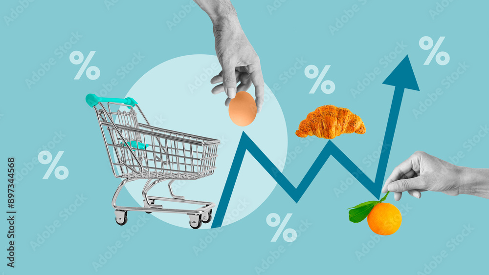 Inflation as Food price increase cause. Collage with shopping trolley ...
