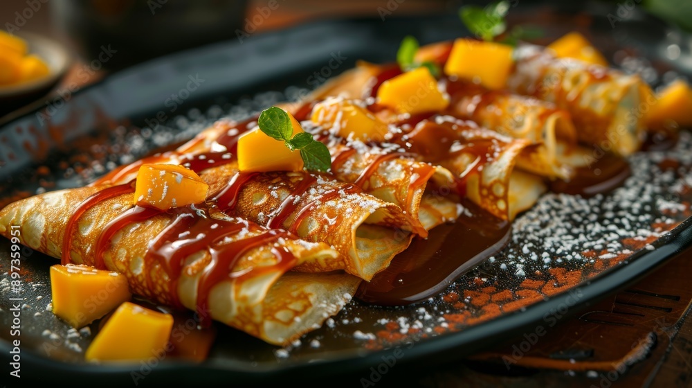 gourmet dessert crepes, indulge in mango crepes topped with caramel ...