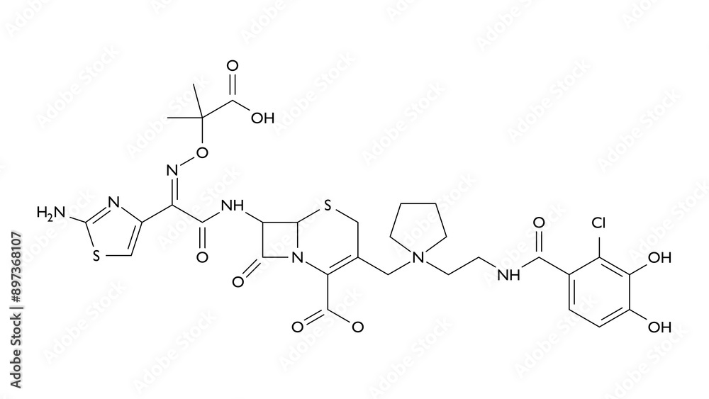 cefiderocol molecule, structural chemical formula, ball-and-stick model ...