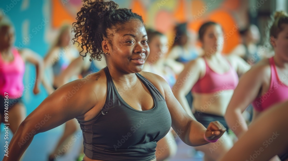 fitness class with participants of various body types engaging in ...
