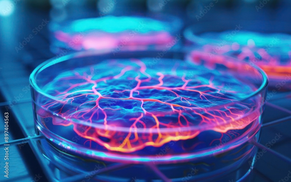 Vibrant, electric patterns pulse in glowing petri dishes in a lab ...