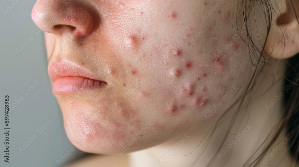acne on woman face with rash skin, scar, and red skin syndrome allergic ...