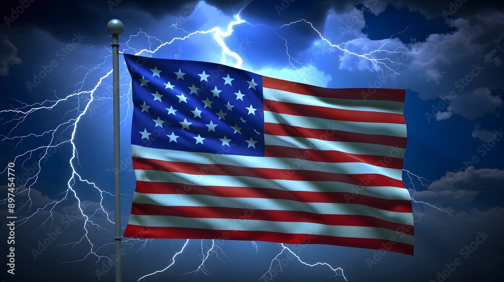 An artistic depiction of the USA flag silhouetted against a dramatic ...