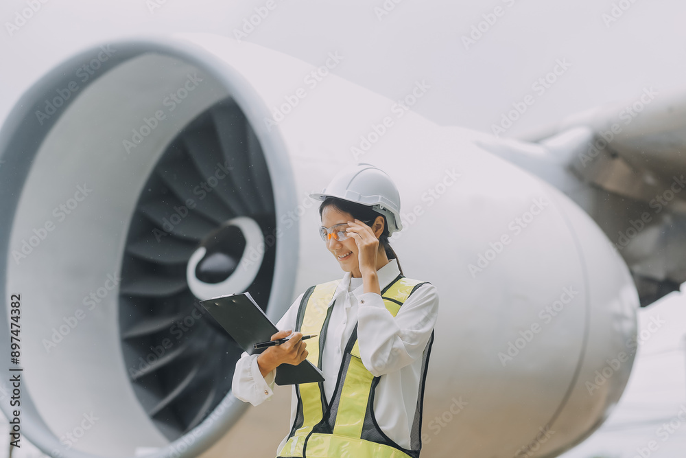 Technician fixing the engine of the airplane,Female aerospace ...