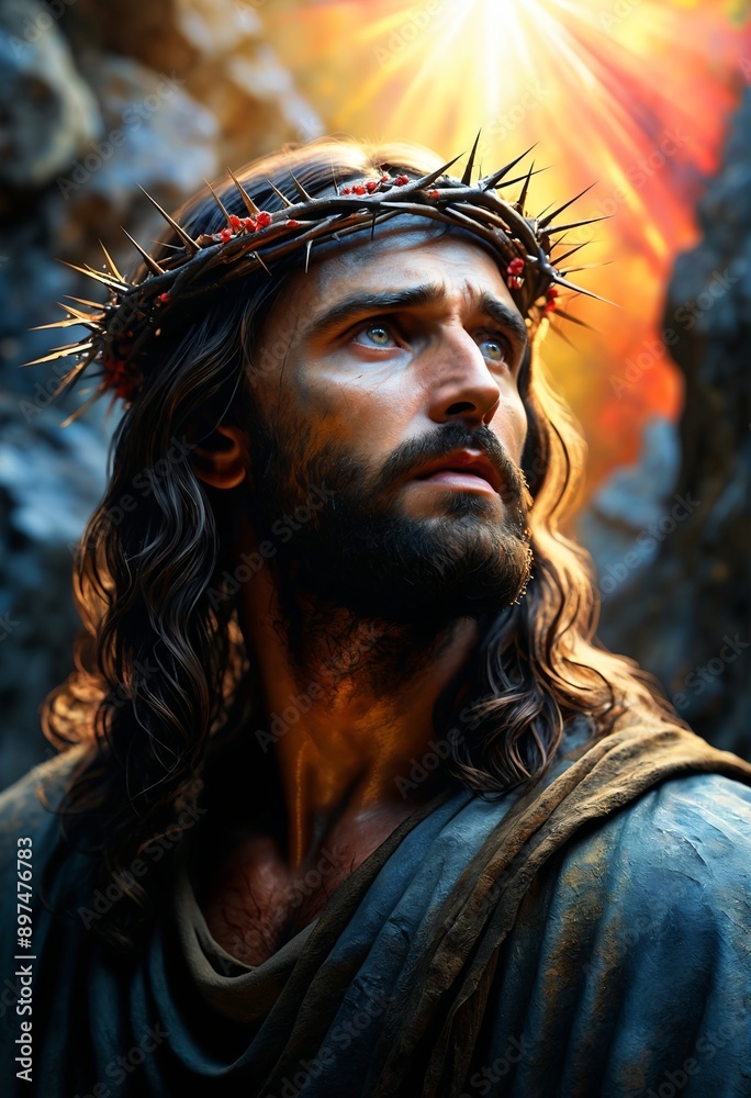 Jesus Christ wearing a crown of thorns. Biblical Resurrection of Jesus ...