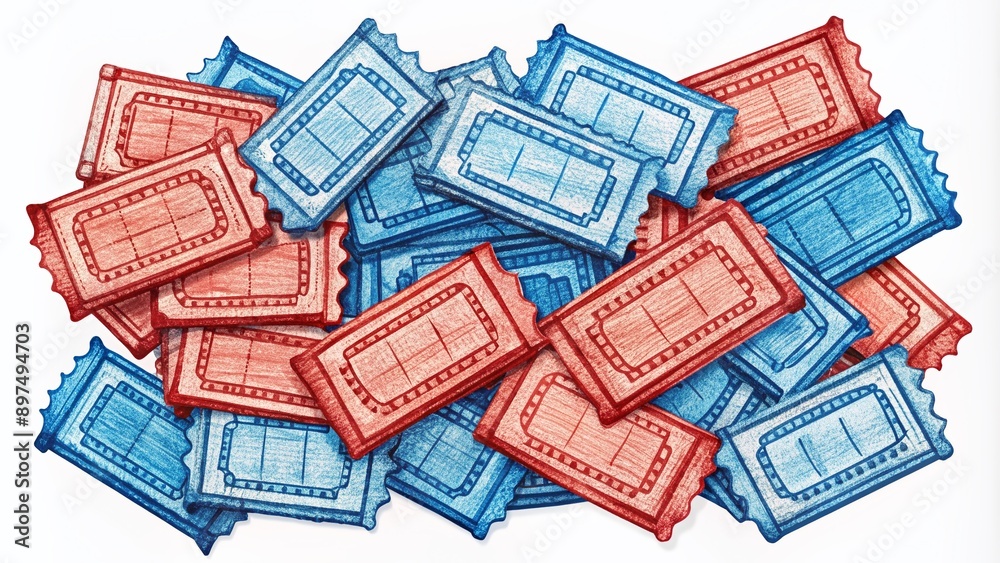 Vibrant red and blue raffle tickets scattered on a white background ...