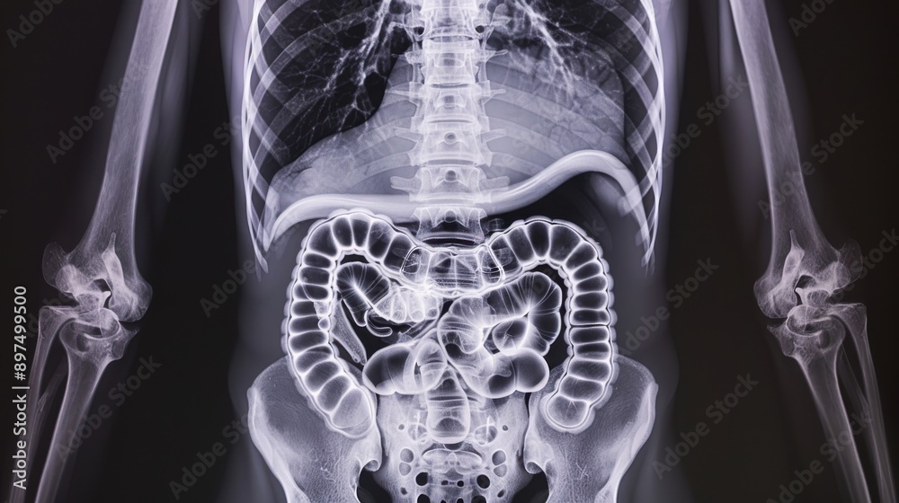 A high-resolution X-ray image of the human abdomen, highlighting the ...