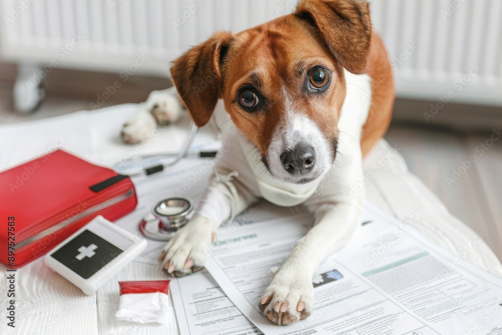 Dog with bandaged paw lies on the table with first aid kit and ...