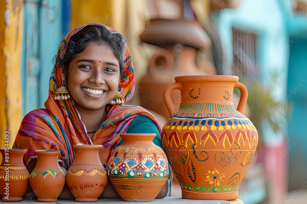 Portrait of happy traditional Indian woman potter artist painting and ...