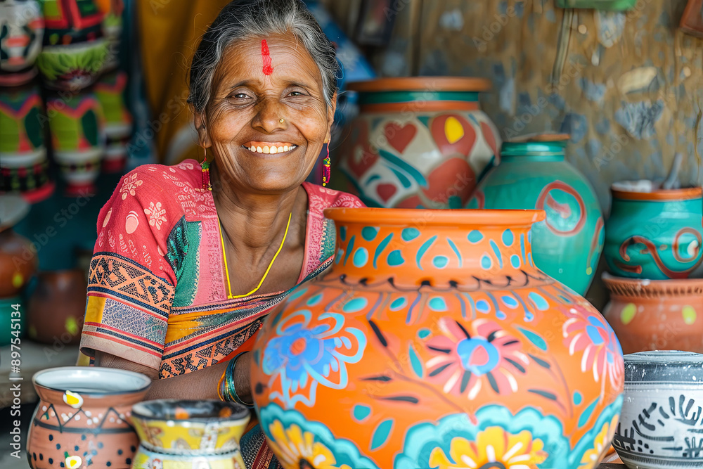 Portrait of happy traditional Indian woman potter artist painting and ...