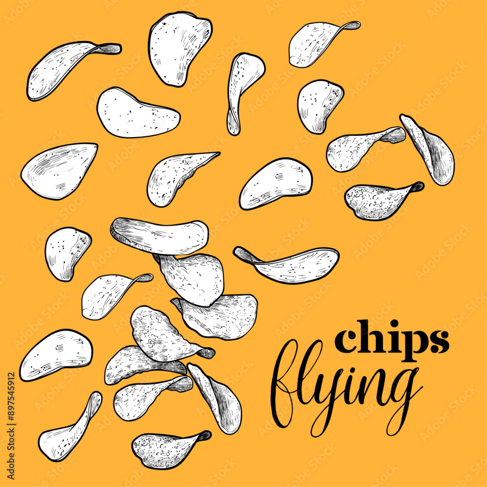 Hand drawn vector flying chips. Black outline, white fill are in ...