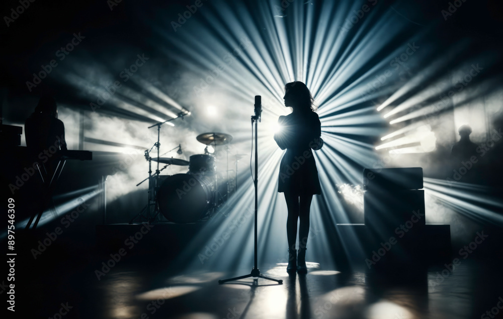 Female singer performing on stage with dramatic backlighting and fog ...