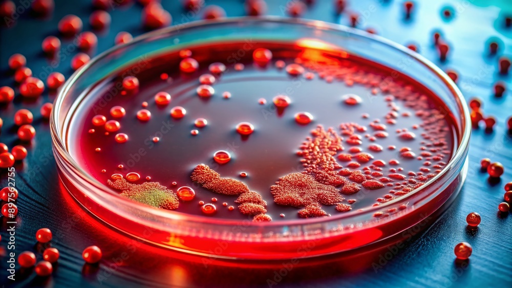 Vibrant red microbiological sample on agar plate in petri dish ...