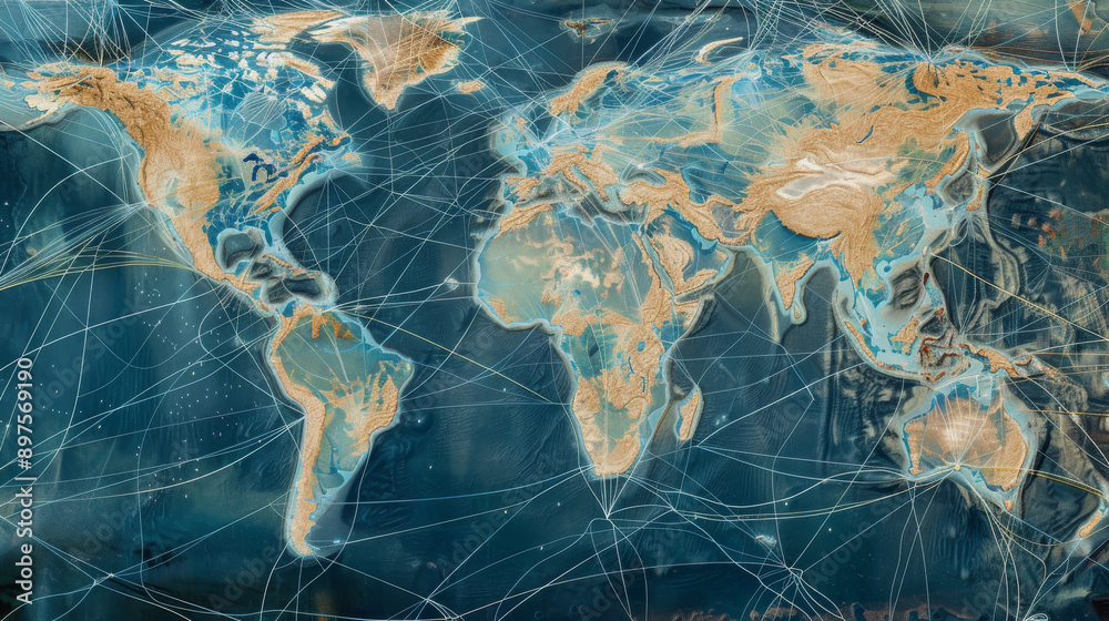 A world map with interconnected routes illustrating global shipping ...