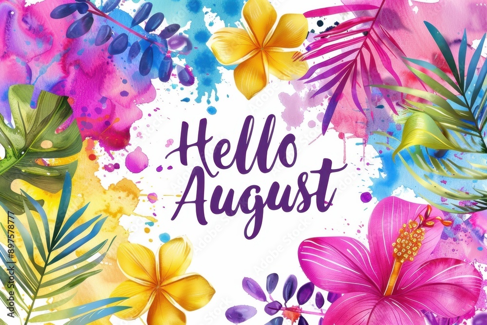 "Hello August" text with colorful watercolor splash background and ...