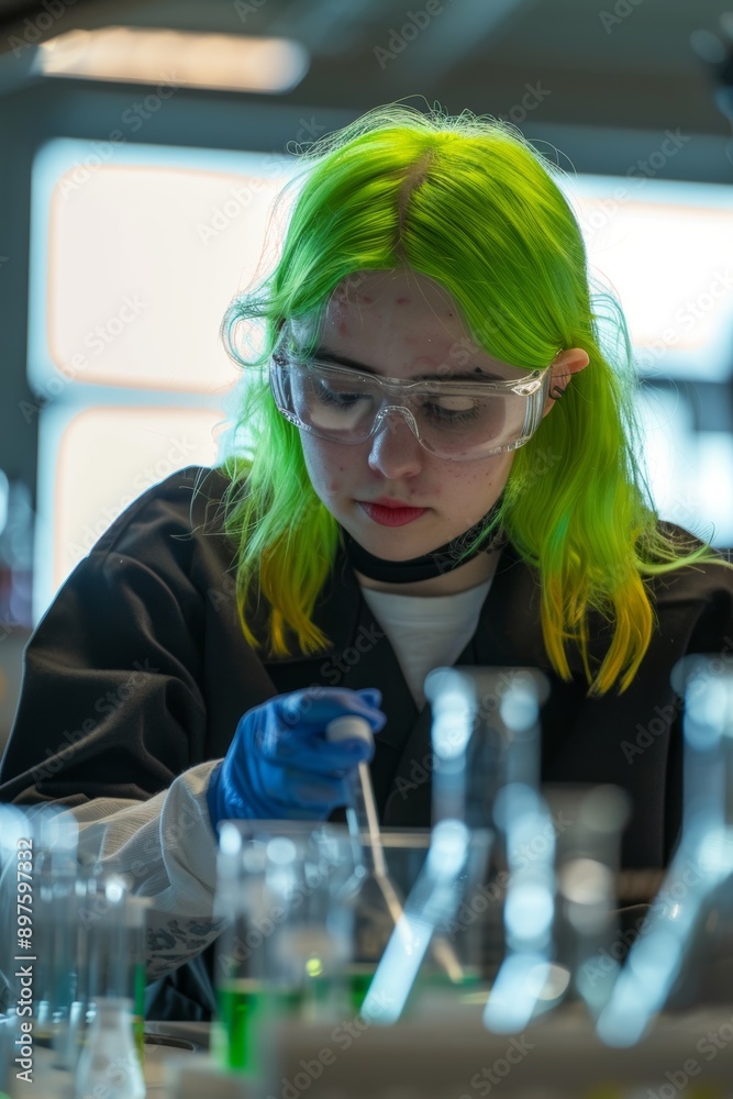 Young Schoolgirl Conducting Chemistry Experiment with Safety Gear in ...