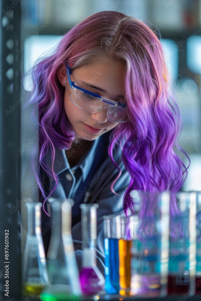 Violet Haired Schoolgirl Conducting Science Experiment with Test Tubes ...
