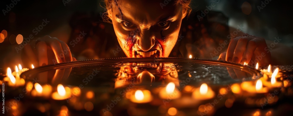 Depict a scene where a woman vampire with menacing fangs is reflected ...