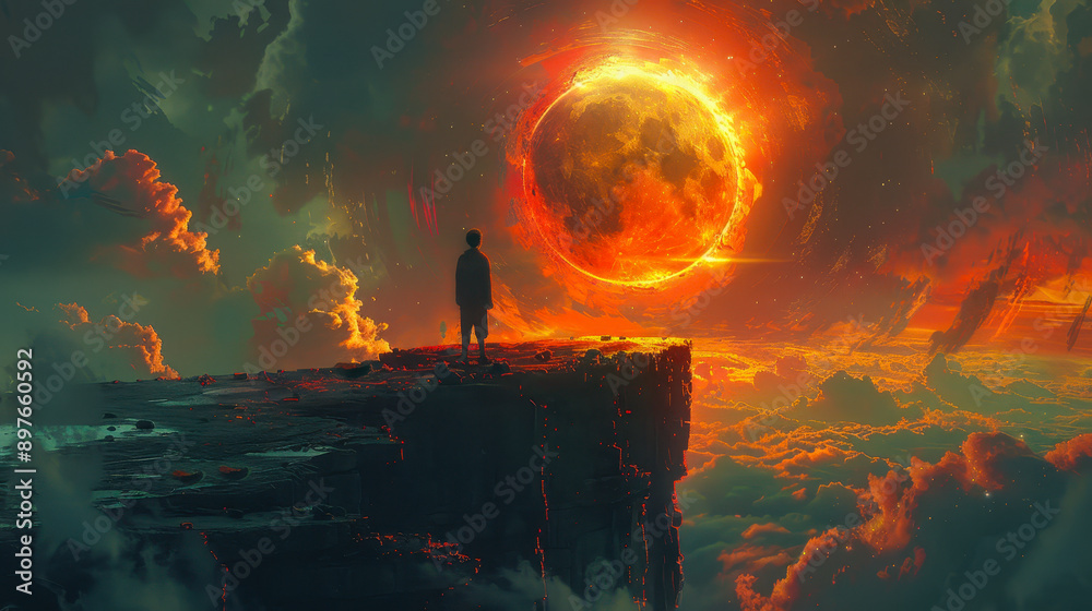 Boy on Cliff Edge Watching Solar Eclipse Amid Floating Rocks in ...