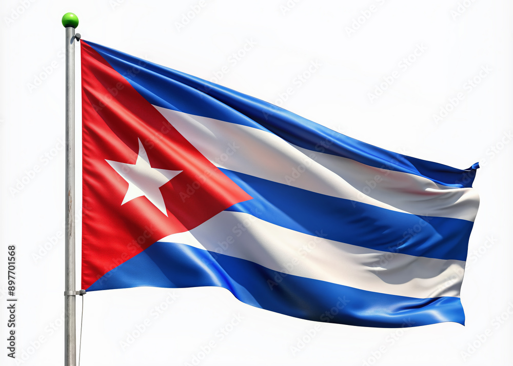 Vibrant red, white, and blue Cuban flag waving freely on a crisp white ...