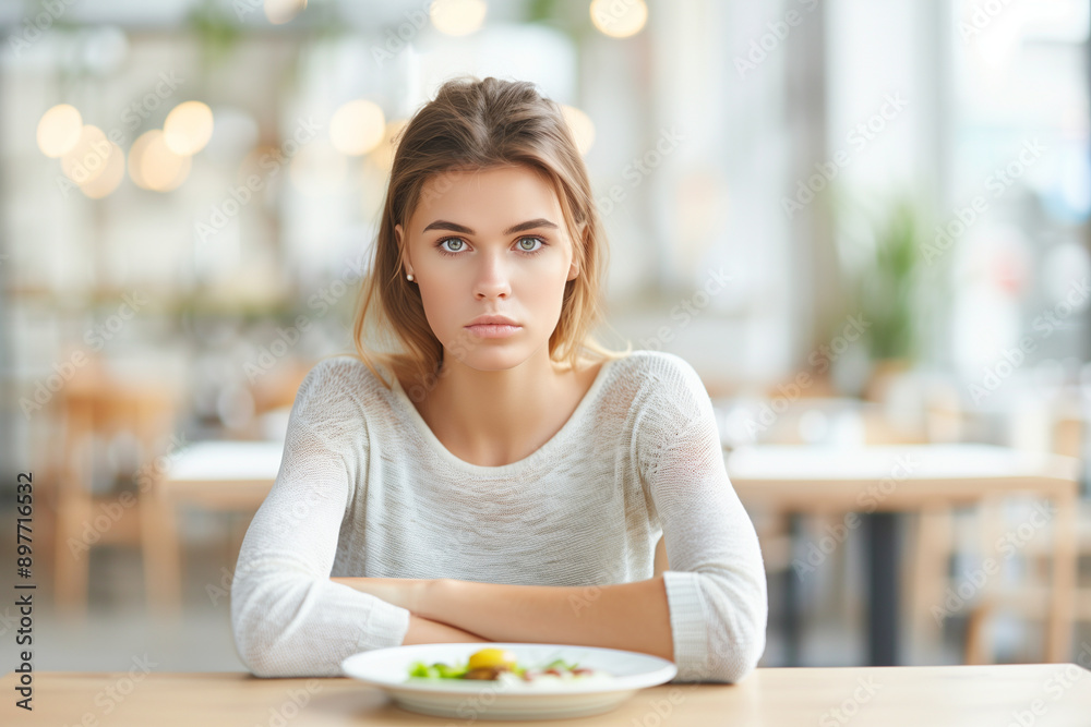 Unhappy young woman at a restaurant table, looking displeased with a ...