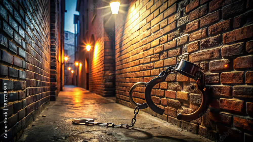 A dimly lit alleyway with a lone pair of handcuffs and a broken brick ...