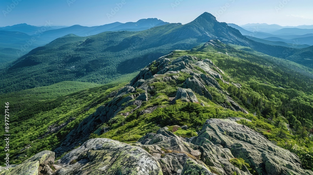 Elevated view of green, rugged mountains with rocky outcrops and clear ...