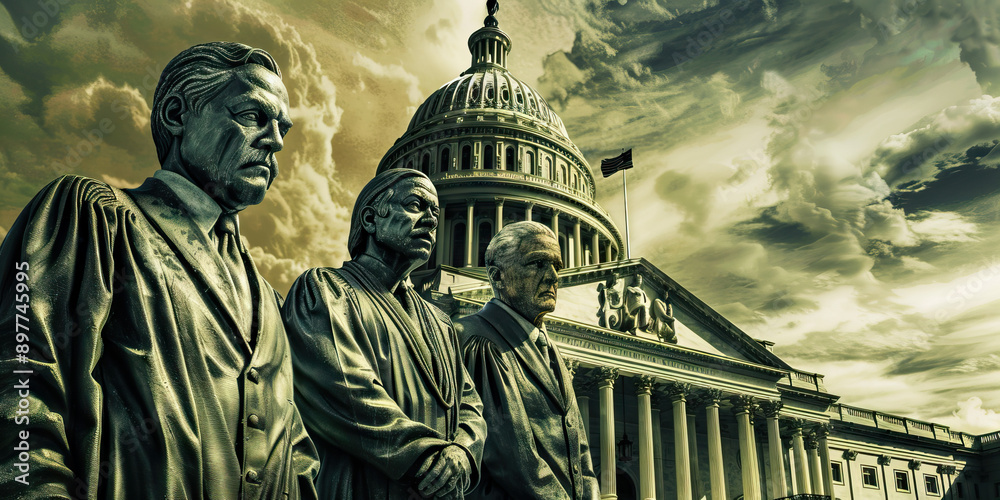 Vital Balance of Checks and Balances: Three judges, standing beside a ...