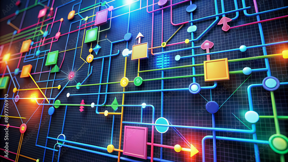 Colorful lines and shapes converge to form a dynamic flowchart ...