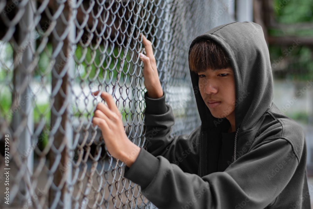 Asian preteen boy in a black hoodie holding a metal fence panel in a ...