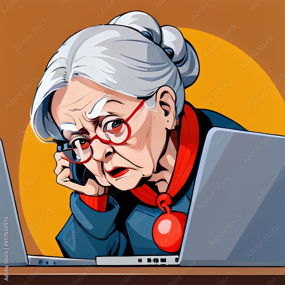 Old woman lady on laptop, yelling at the phone, enjoying the internet ...