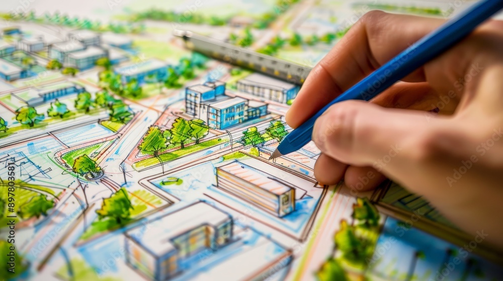 Illustrate an architect sketching the conceptual design for a mixed-use ...