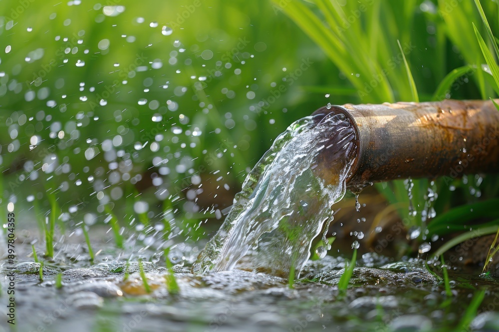Cascading crystal-clear water flows from a weathered copper pipe into a ...