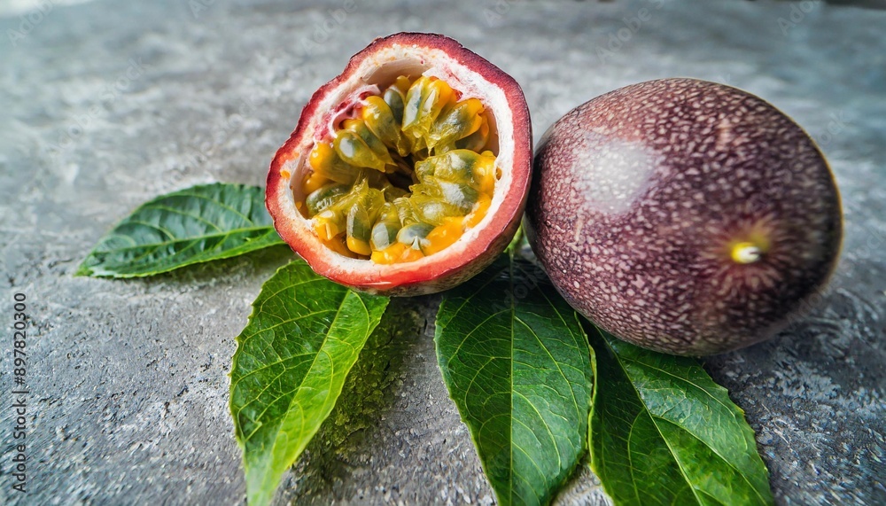 Ripe passion fruits with passion fruit seeds and passionfruit leaves on a gray stone table. Nice ...