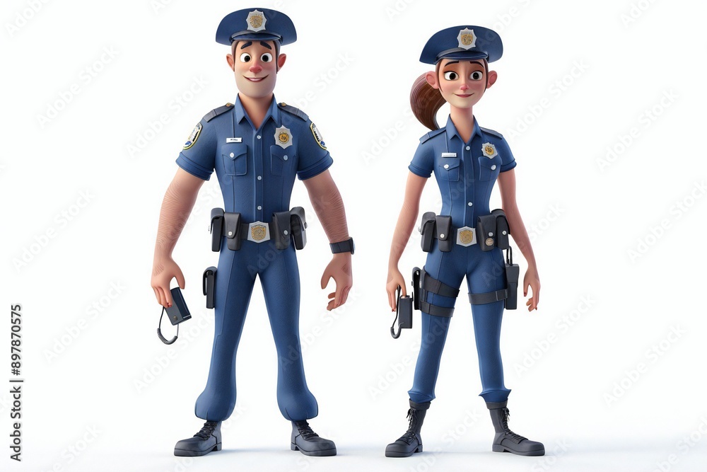 Male and female police officers characters with badges and walkie ...