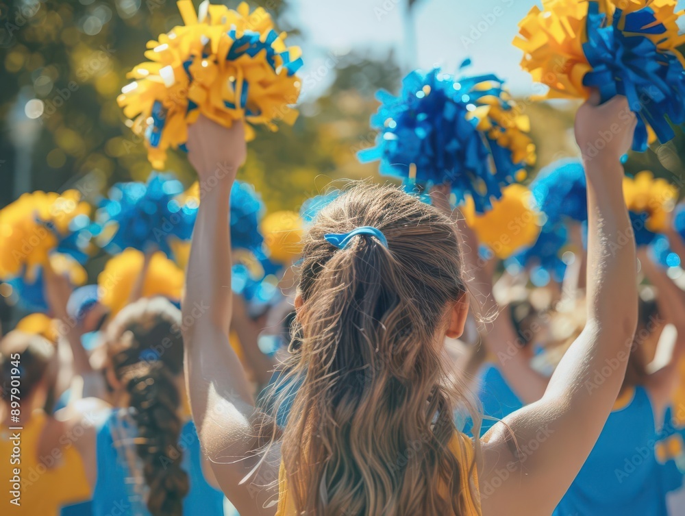 Cheerleaders with yellow and blue pompoms raised high, seen from behind ...