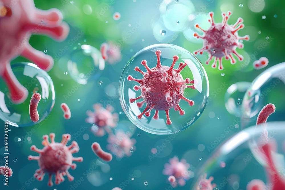 Ilustración de Stock Bacteria encased in disinfectant bubbles, 3D ...