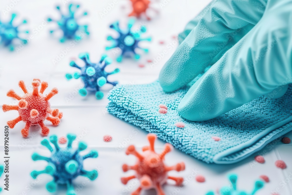 Close-up of bacteria being destroyed by a disinfectant wipe, high ...