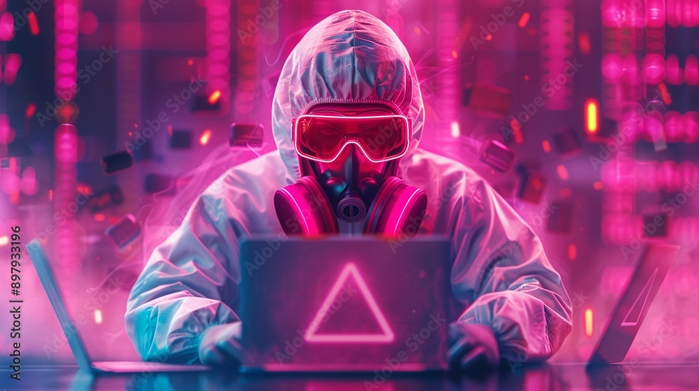 Futuristic lab with a fatal blend experiment, scientist in hazmat suit ...