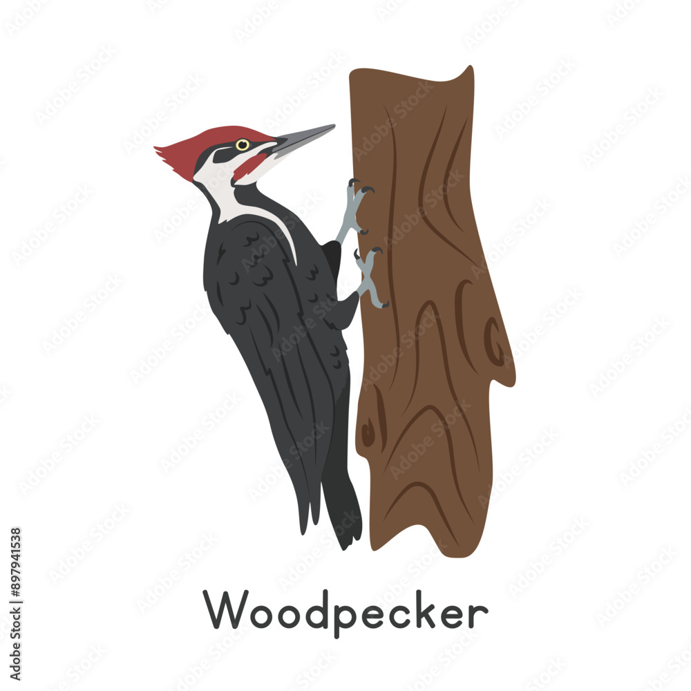 Pileated woodpecker on tree vector illustration, cartoon clipart ...