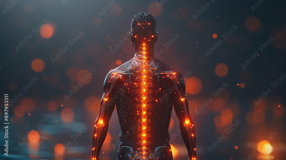 illustration of a glowing humanoid figure with a glowing spine stands ...