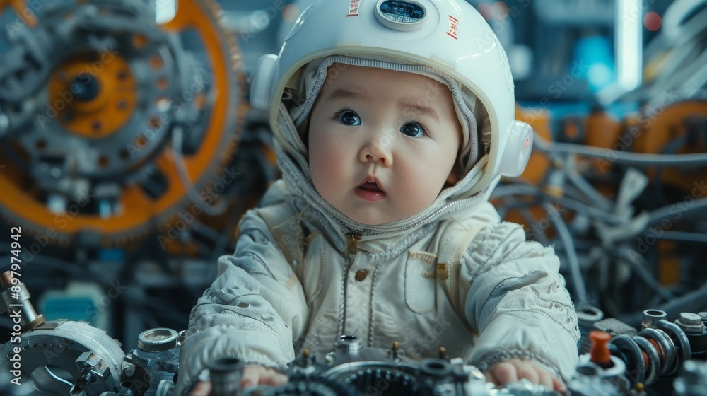 Cute newborn babies wearing mini robot clothing, surrounded by gears ...