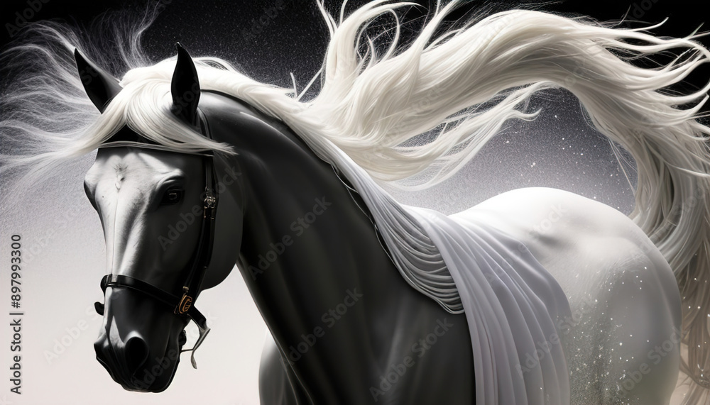 an equestrian-themed photographic illustration of a white horse mustang ...
