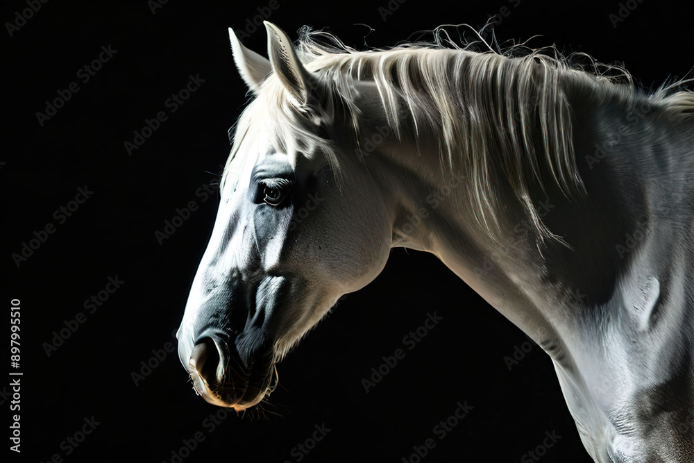 an equestrian-themed photographic illustration of a white horse mustang ...
