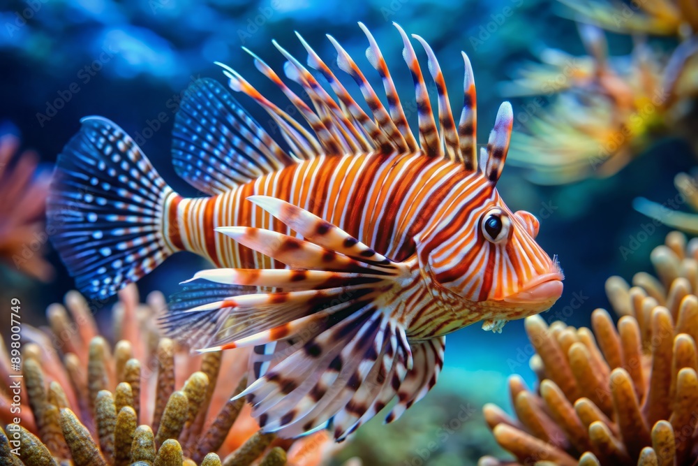 Vibrant orange and white striped lionfish, also known as zebra volitan ...