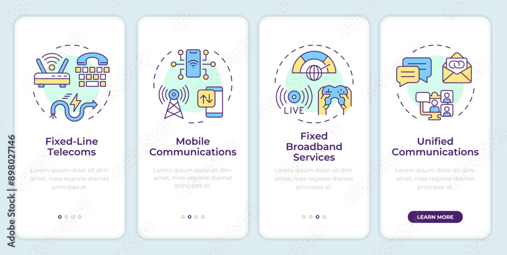 Telecom services onboarding mobile app screen. Walkthrough 4 steps ...