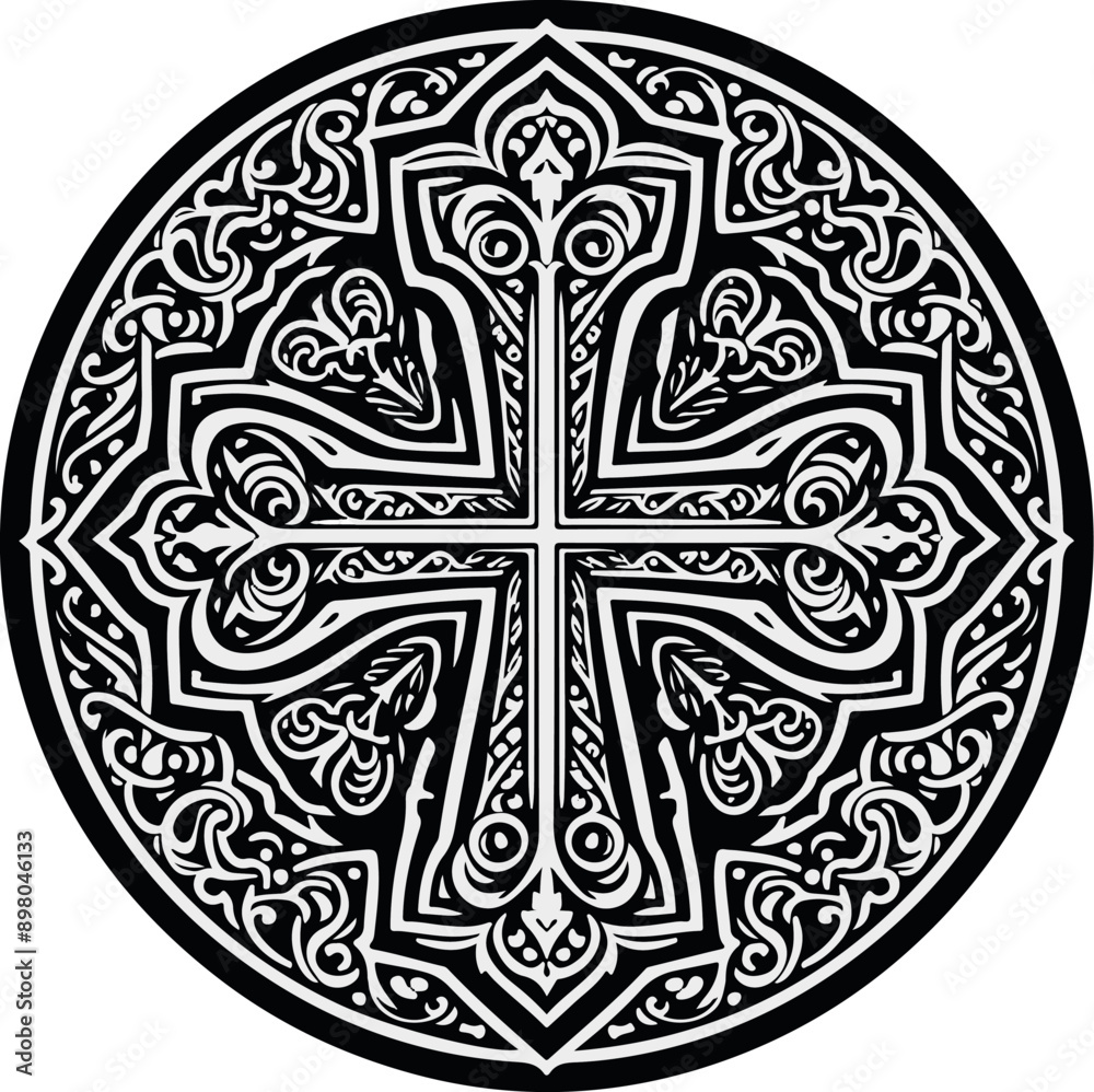 Vector illustration of an ornamental Christian cross, featuring a ...