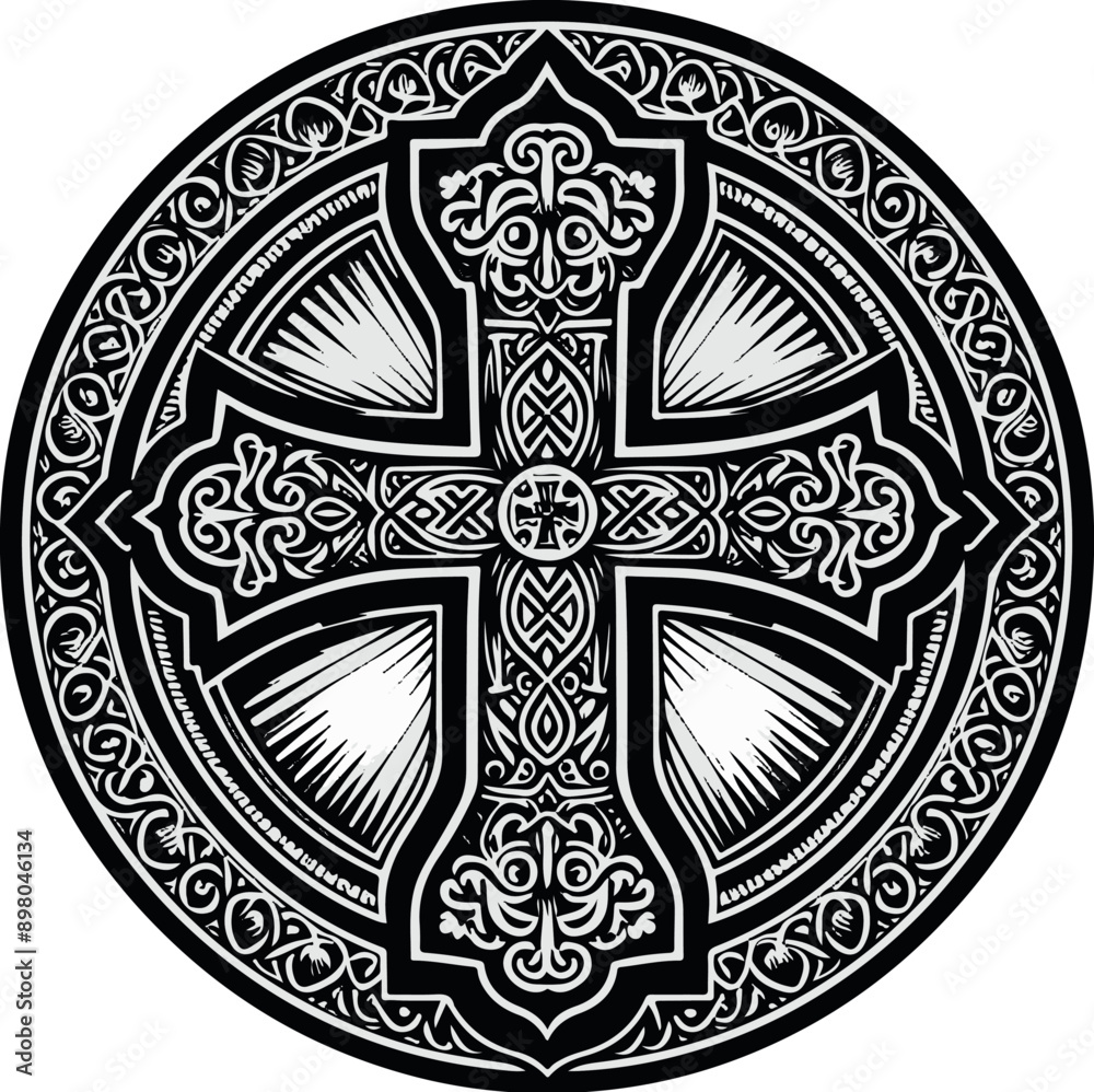 Vector illustration of an ornamental Christian cross, featuring a ...